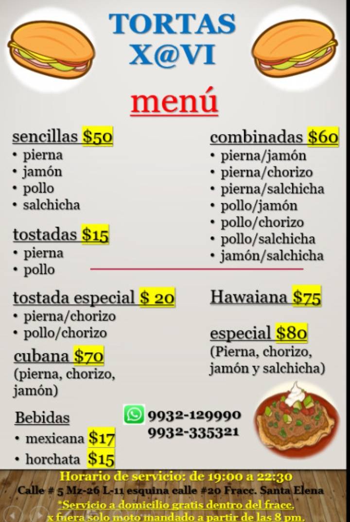 Menu at Tortas X@VI restaurant, Villahermosa