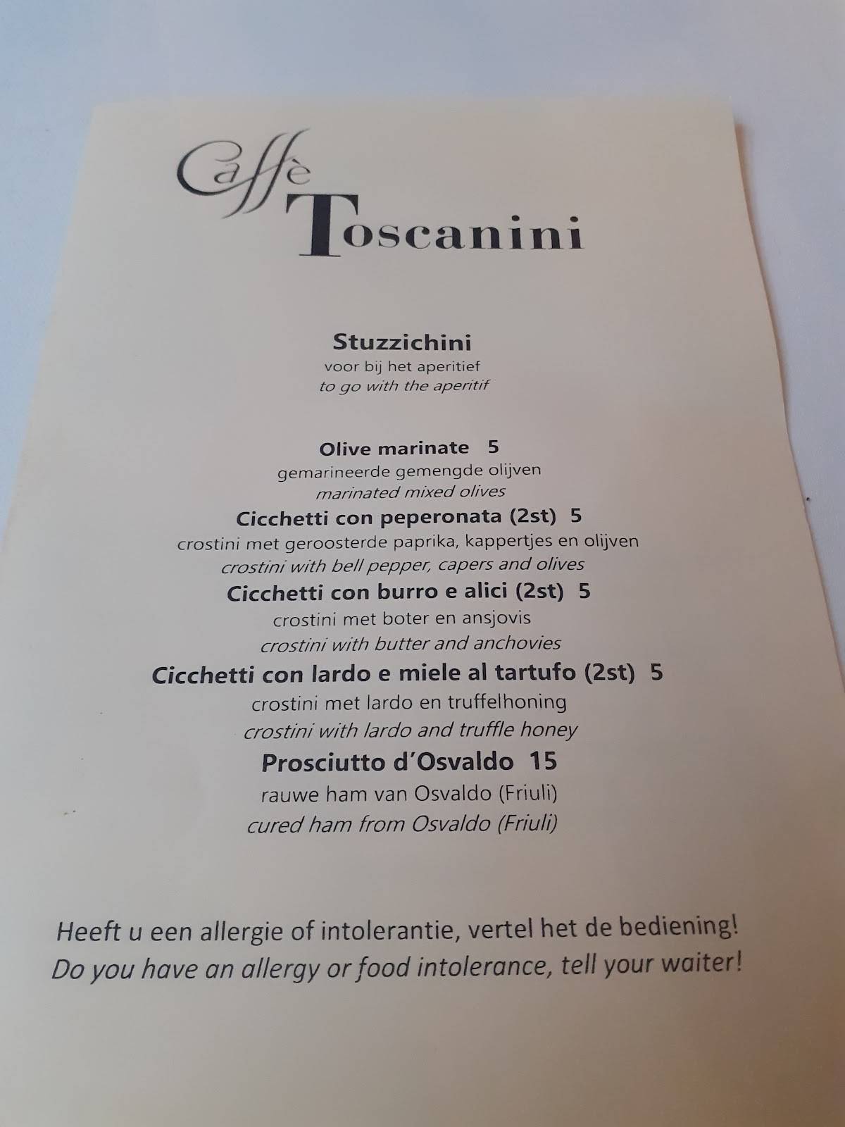 Menu at Toscanini, Amsterdam
