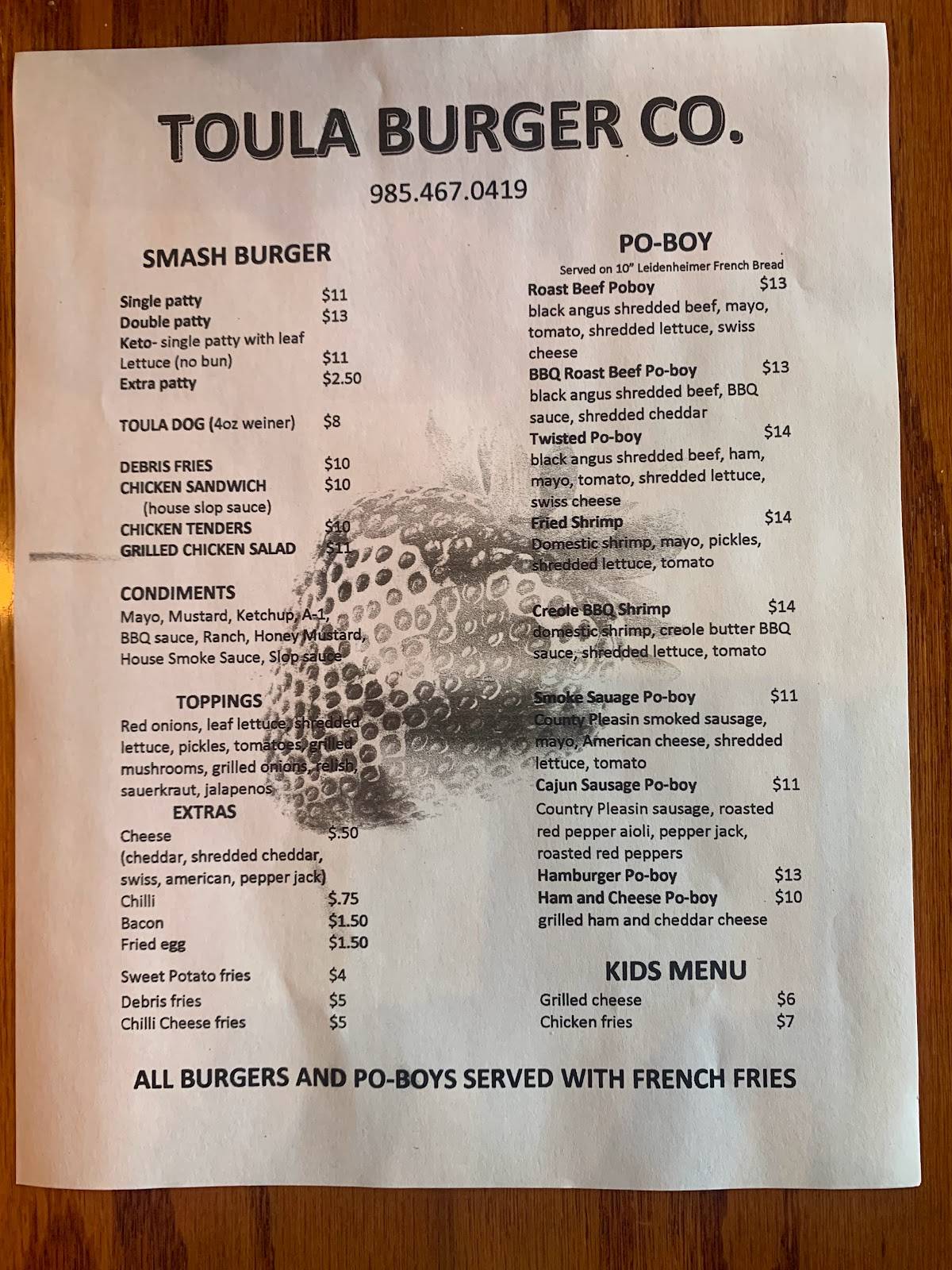Menu at Toula Burger Co restaurant, Ponchatoula