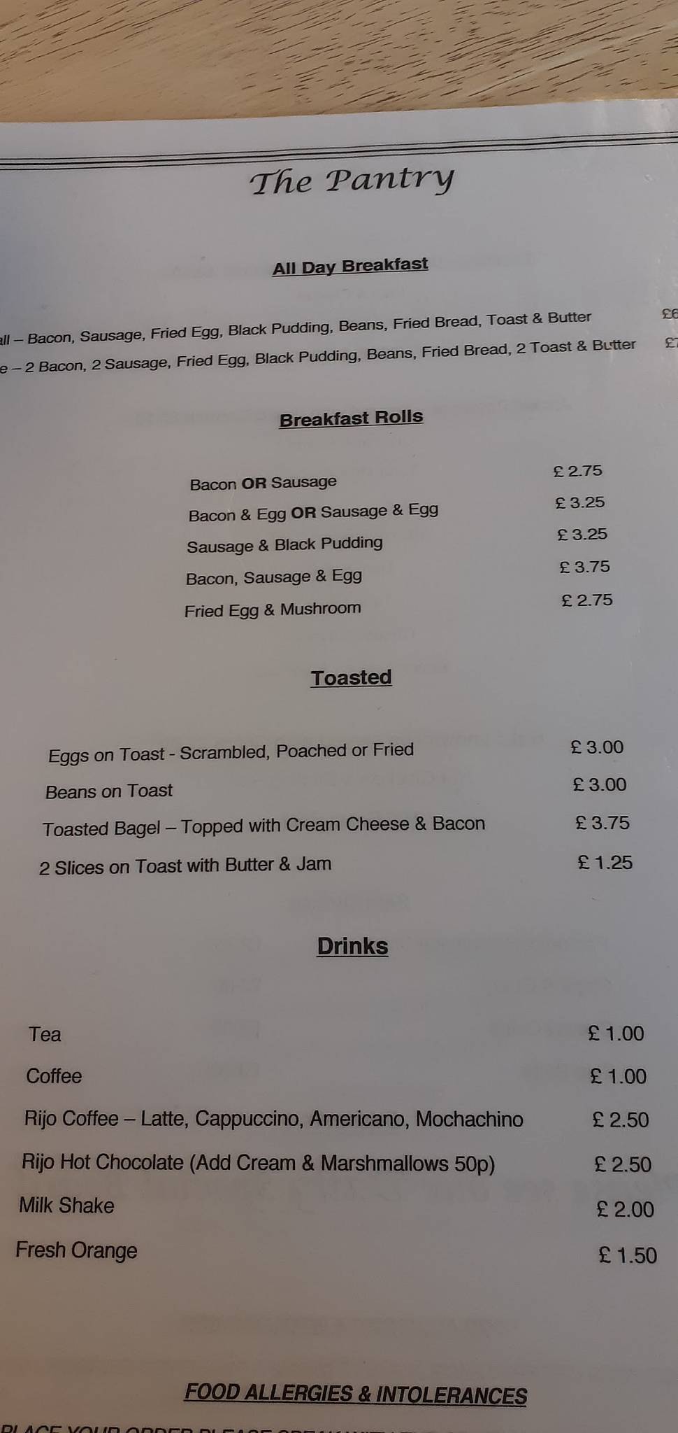 Menu at The Pantry cafe, Tow Law