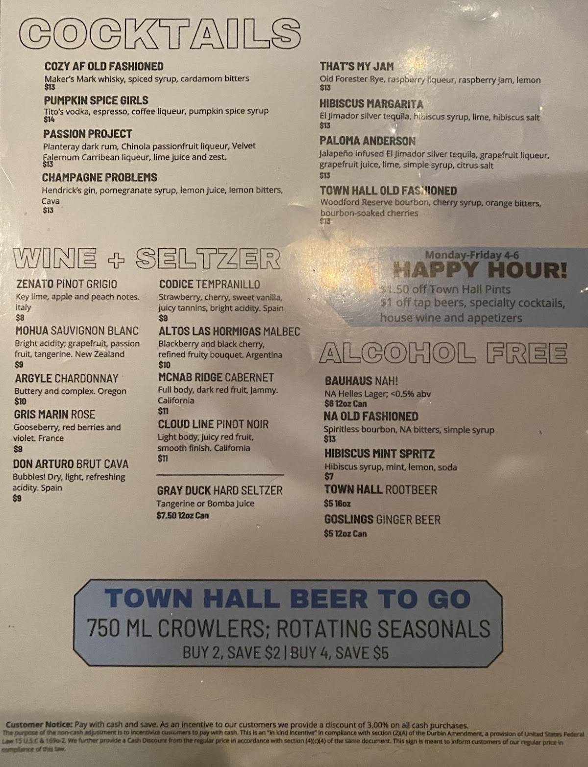 Menu at Town Hall Tap pub & bar, Minneapolis