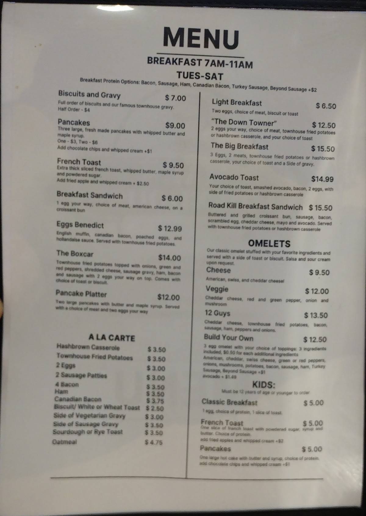 Menu at Townhouse Cafe, Seymour