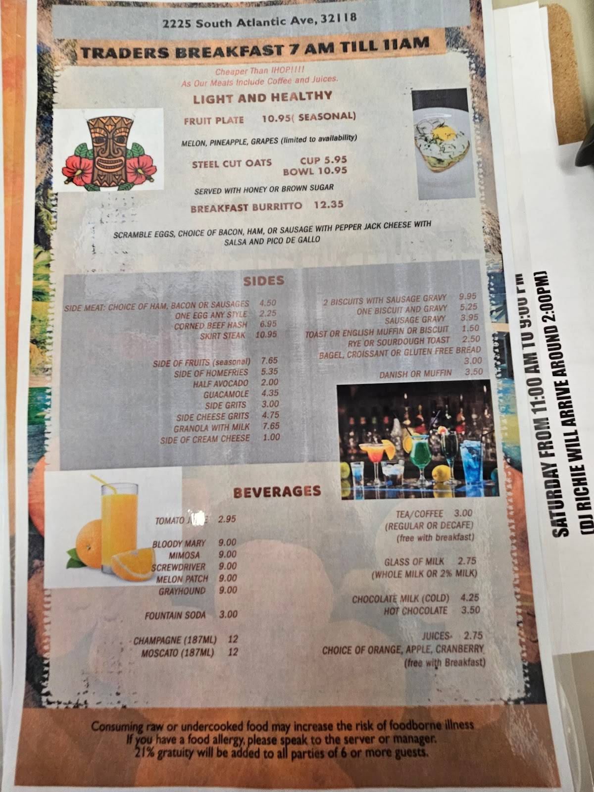 Menu at Traders Restaurant & Tiki Lounge, Daytona Beach Shores