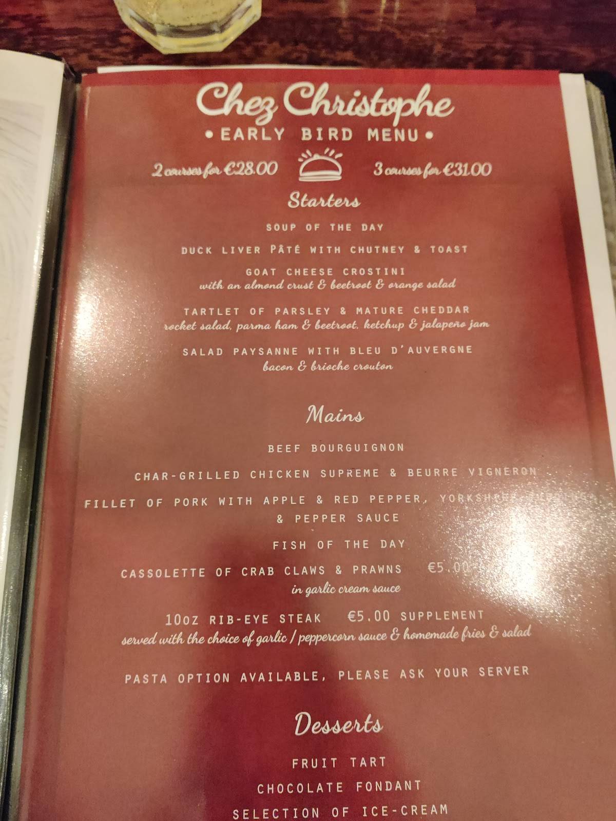 Menu at Chez Christophe restaurant, Tralee