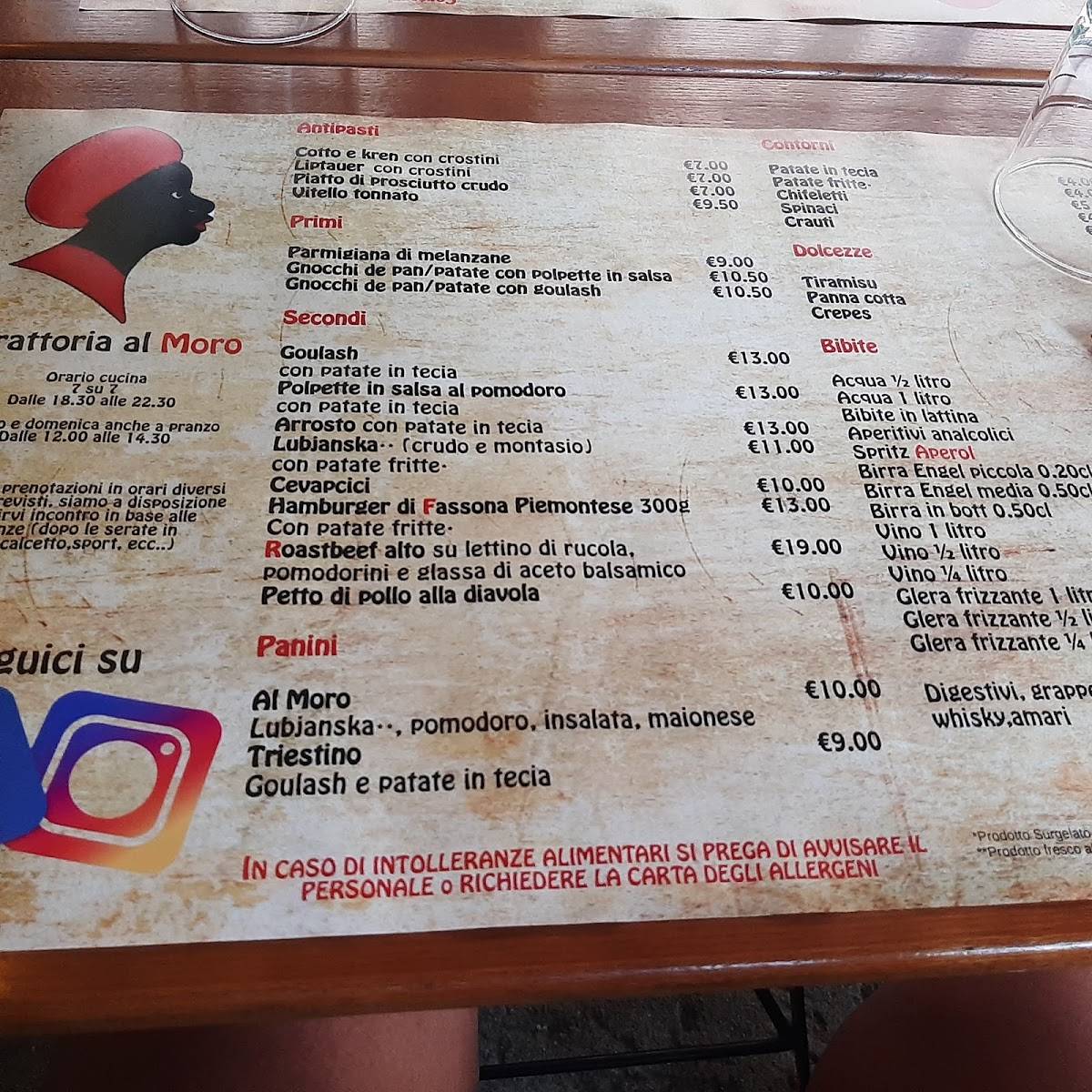 Menu at Trattoria Al Moro Trieste restaurant, Trieste