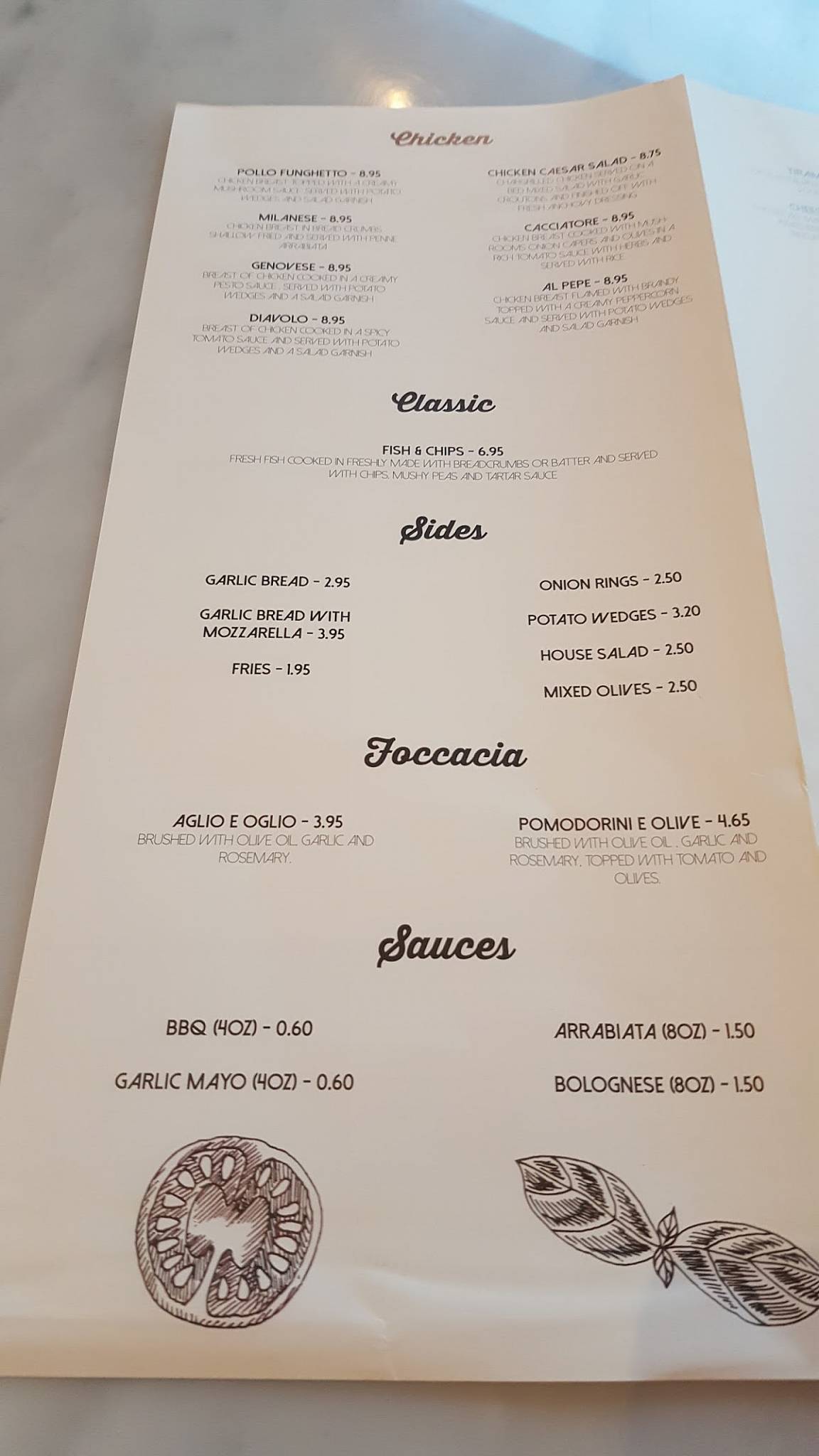 Menu at Trattoria Genova restaurant, Paisley