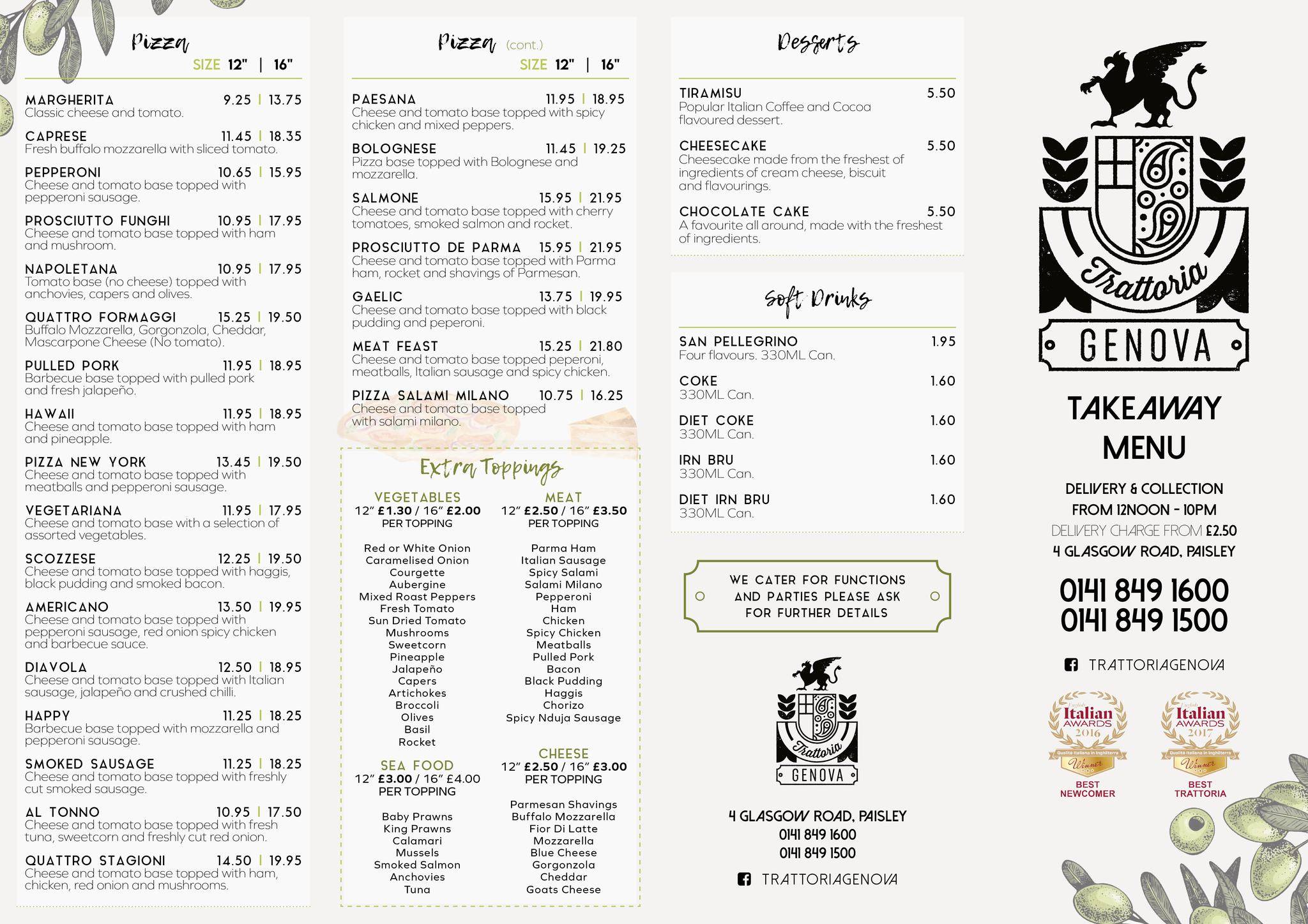 Menu at Trattoria Genova restaurant, Paisley