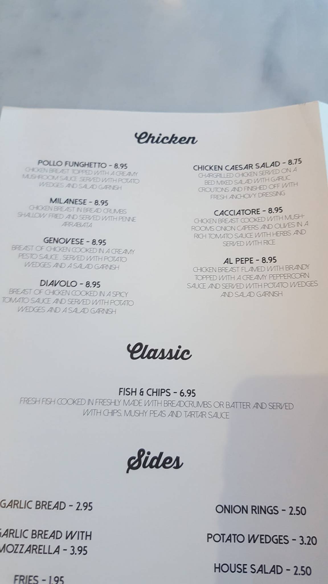 Menu at Trattoria Genova restaurant, Paisley