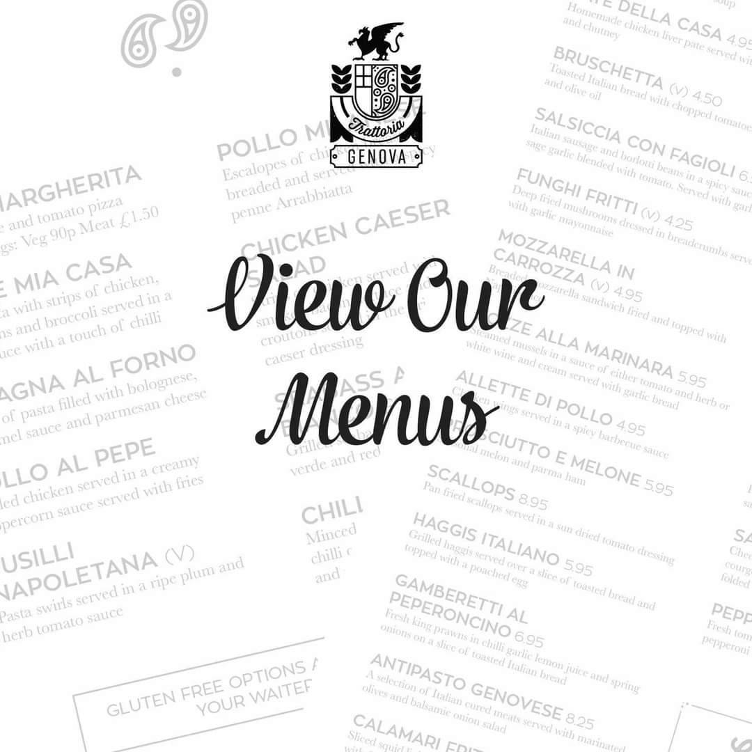 Menu at Trattoria Genova restaurant, Paisley