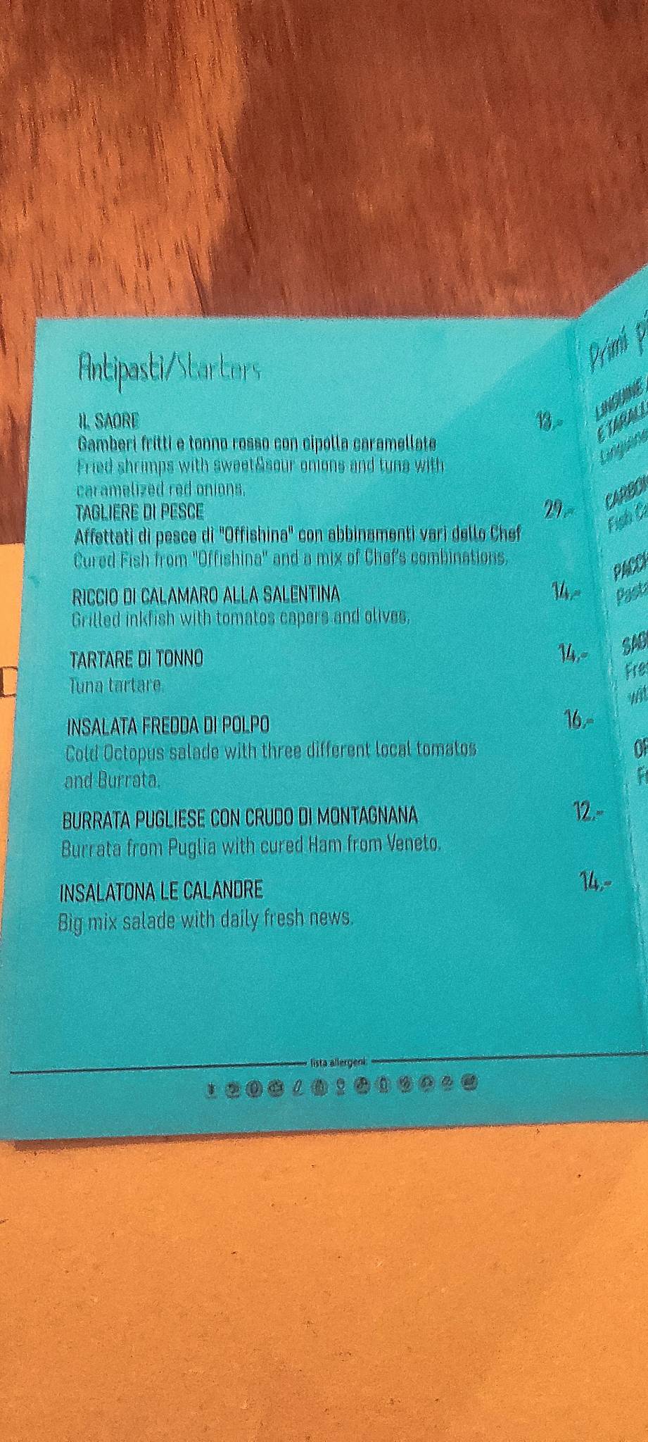 Menu da Le Calandre ristorante, Presicce