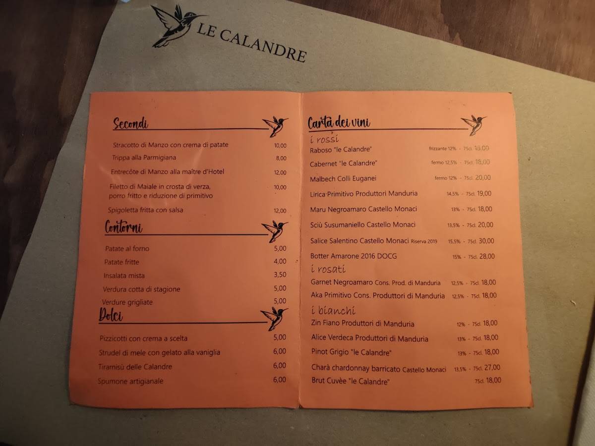 Menu au Trattoria Le Calandre restaurant, Presicce