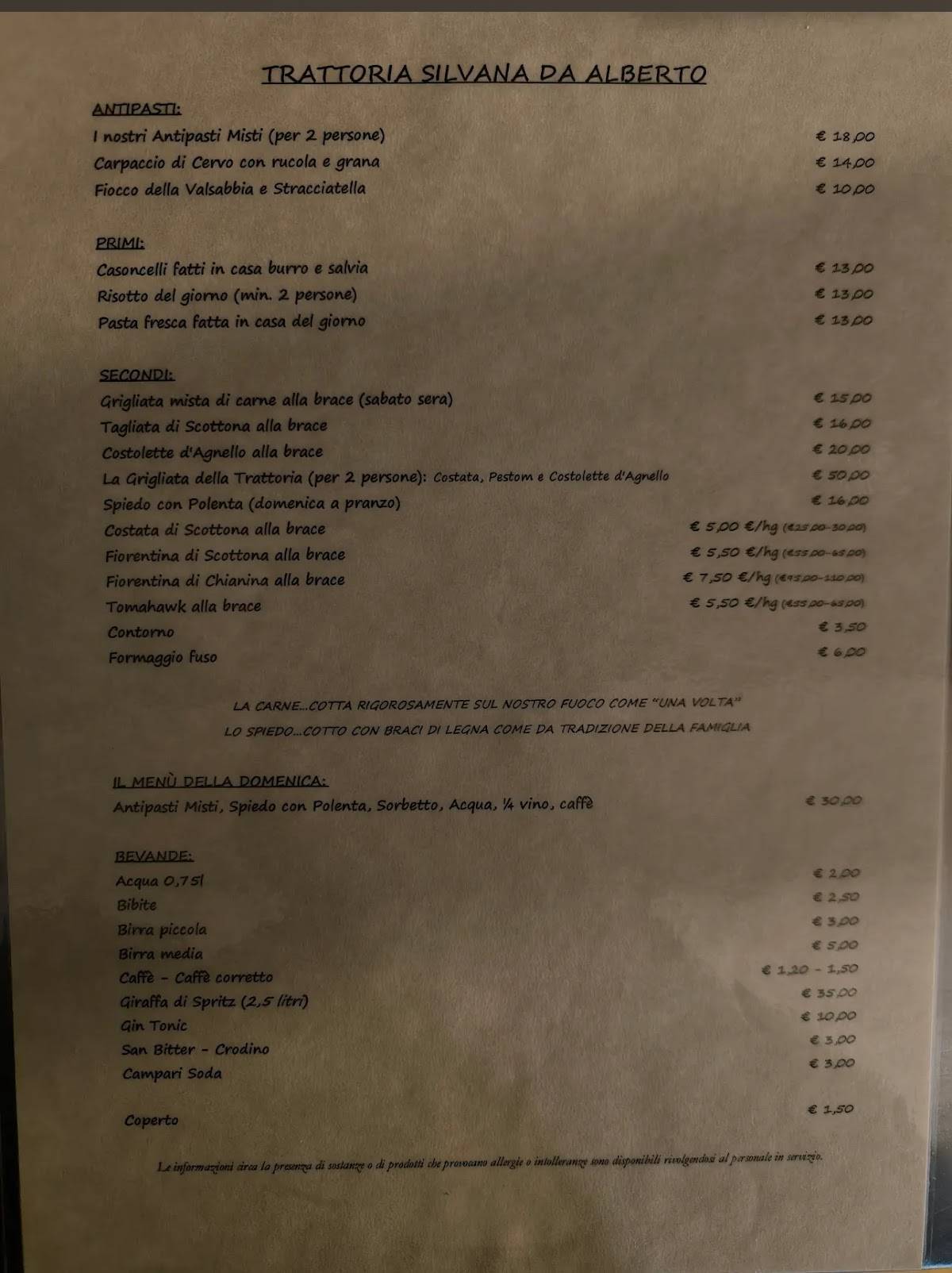 Menu da Trattoria Silvana da Alberto ristorante con griglia, Gazzane
