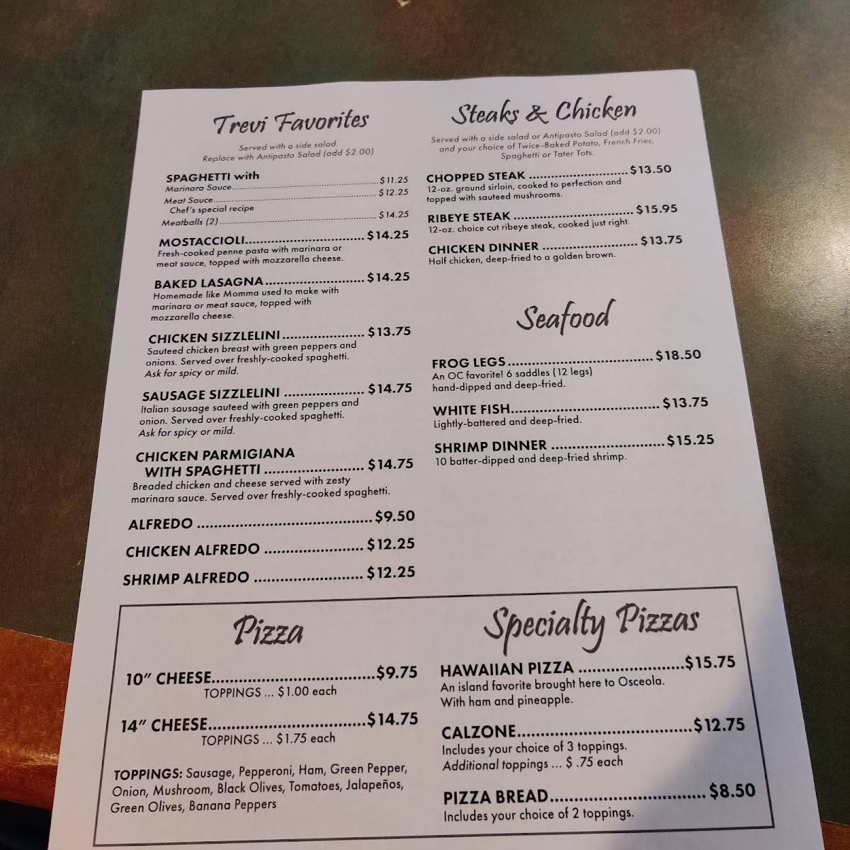 Menu at Trevi's Italian Restaurant, Osceola