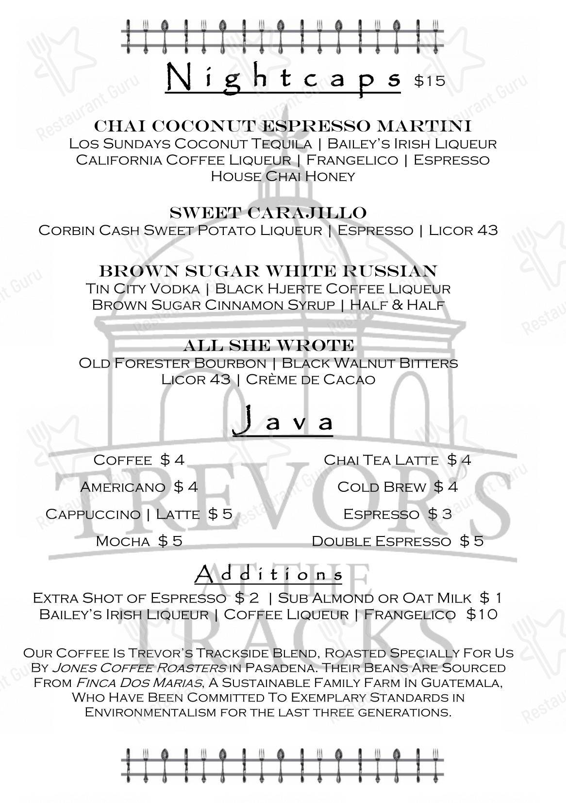 Menu at Trevor's at the Tracks restaurant, San Juan Capistrano