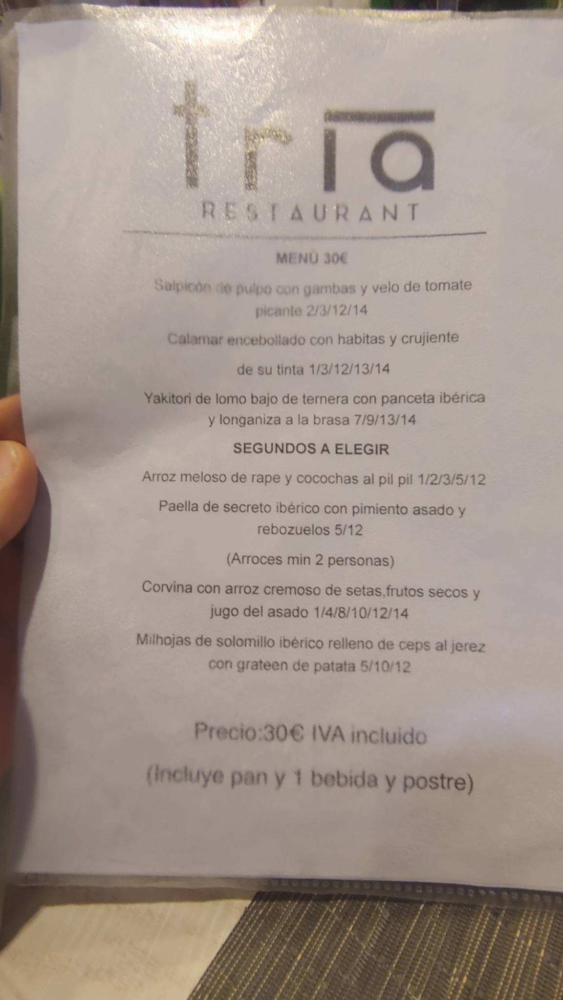 Carta de Tria Restaurant, Valencia
