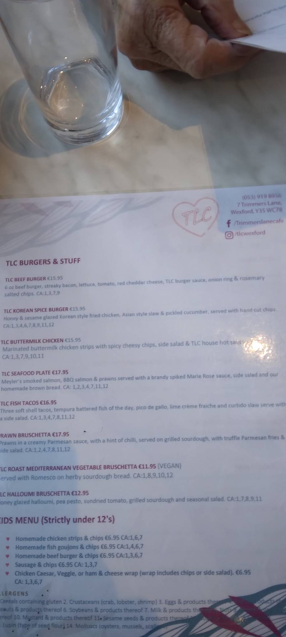 Menu at Trimmers Lane Cafe, Wexford