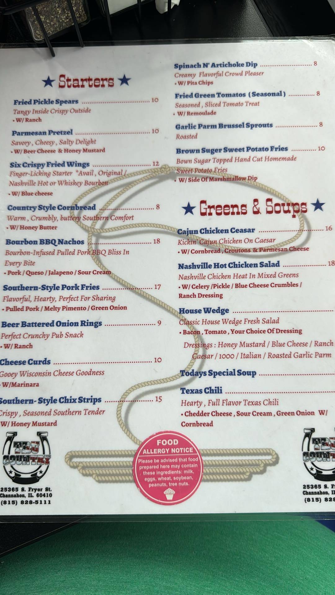 Menu at Tru Country Bar and Grill, Channahon