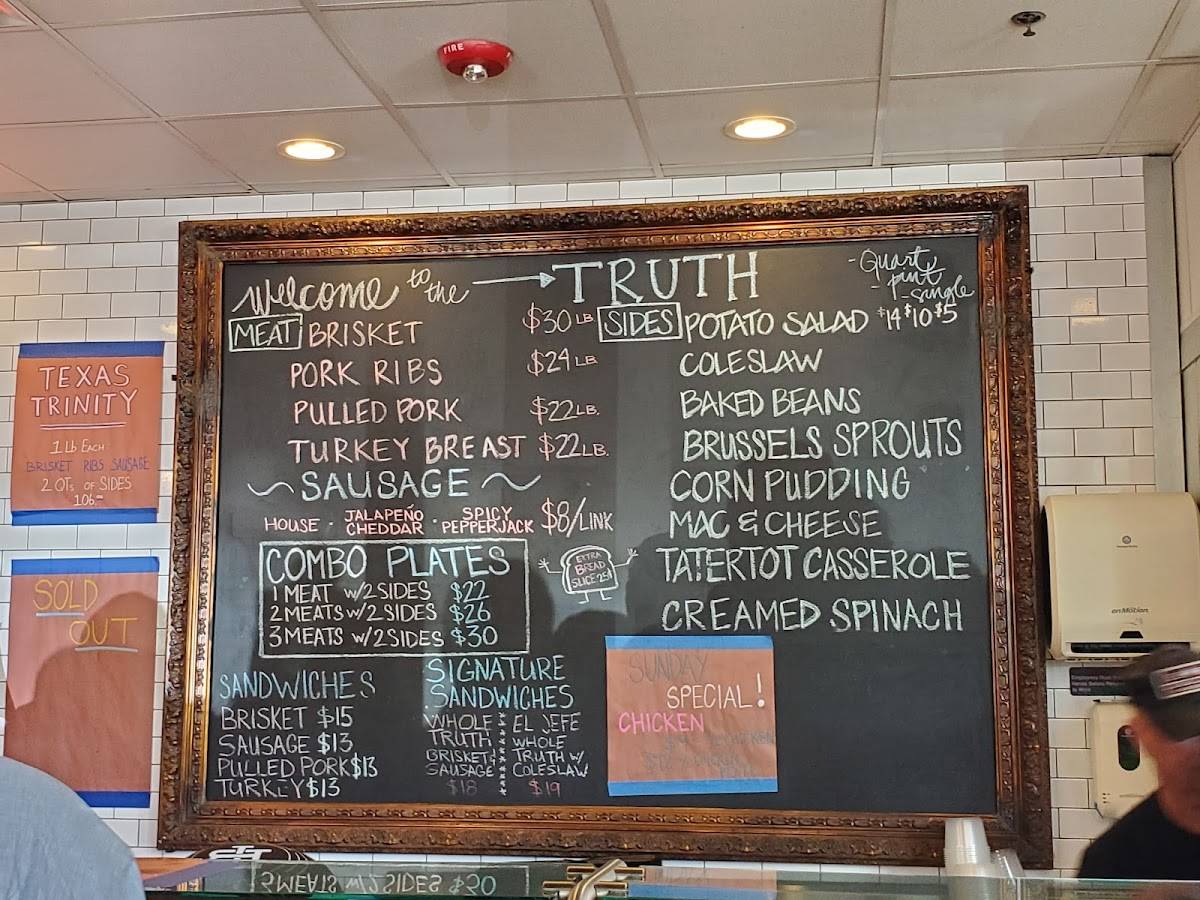 Menu at Truth BBQ, Houston