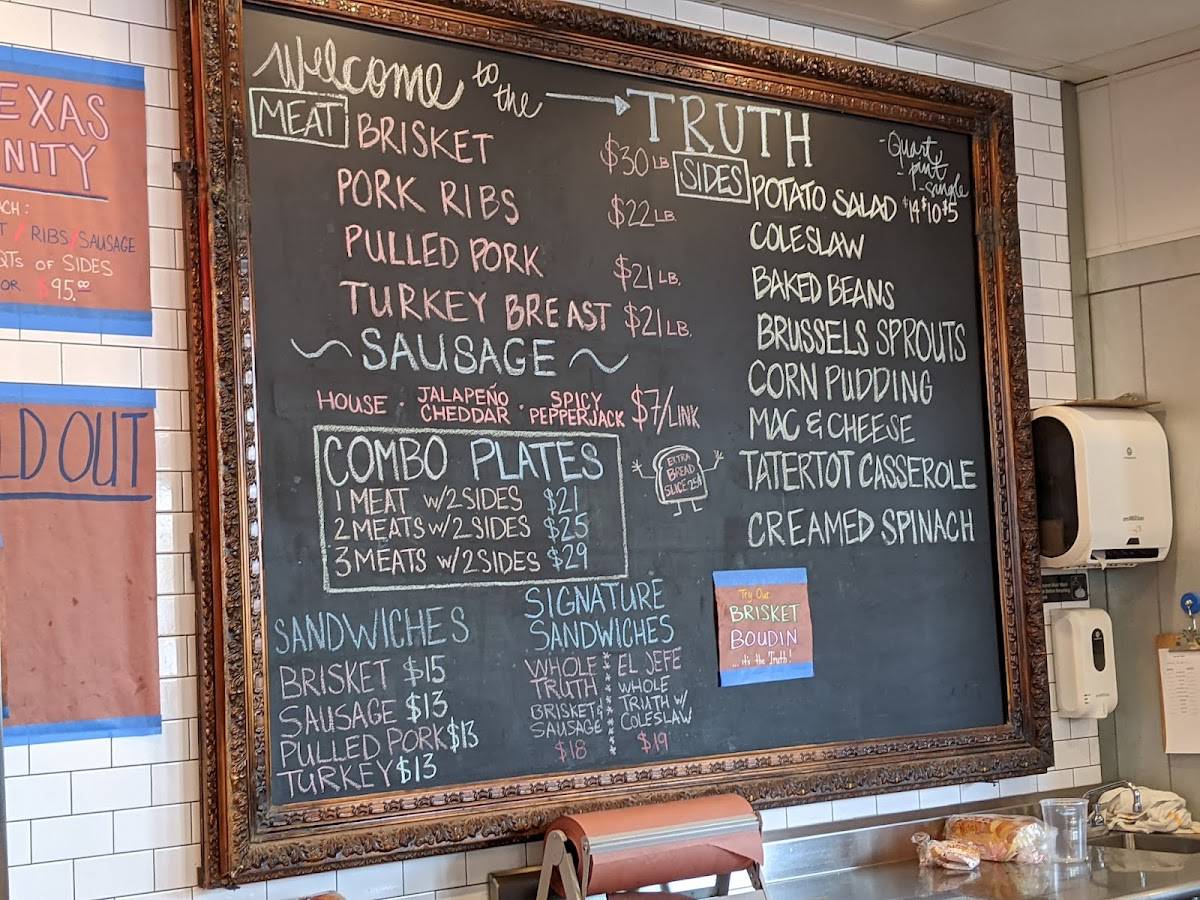 Menu at Truth BBQ, Houston