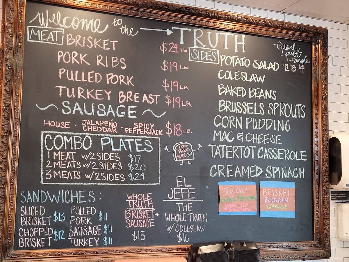 Menu at Truth BBQ, Houston