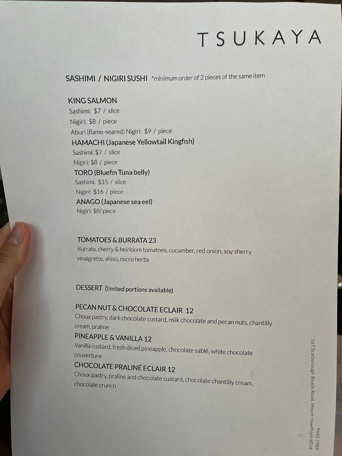 Menu at Tsukaya Restaurant, Mount Hawthorn