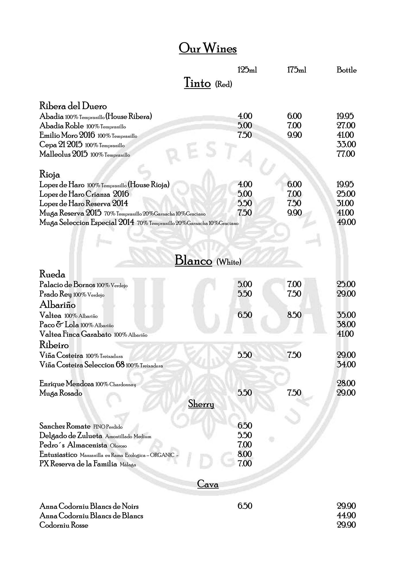Menu at Tu Casa Tapas Restaurant, Cambridge