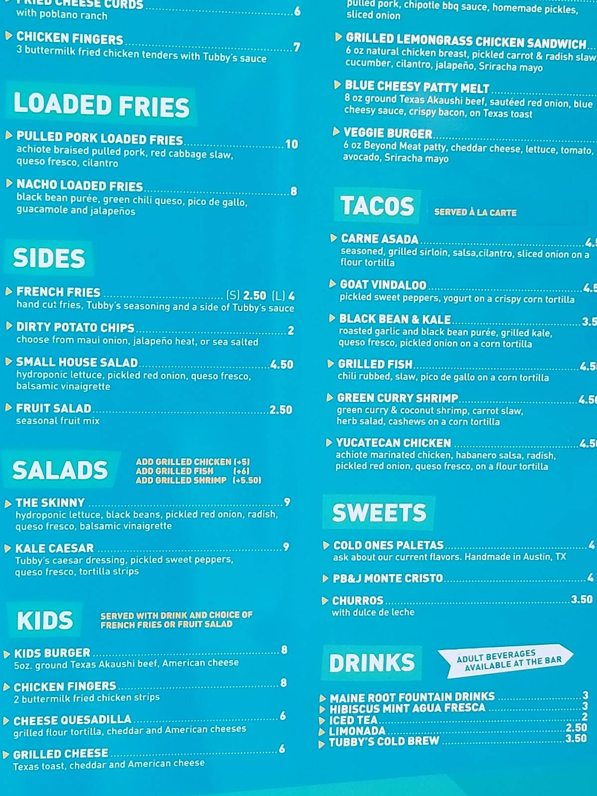 Menu at Tubby's Ice House restaurant, Fredericksburg