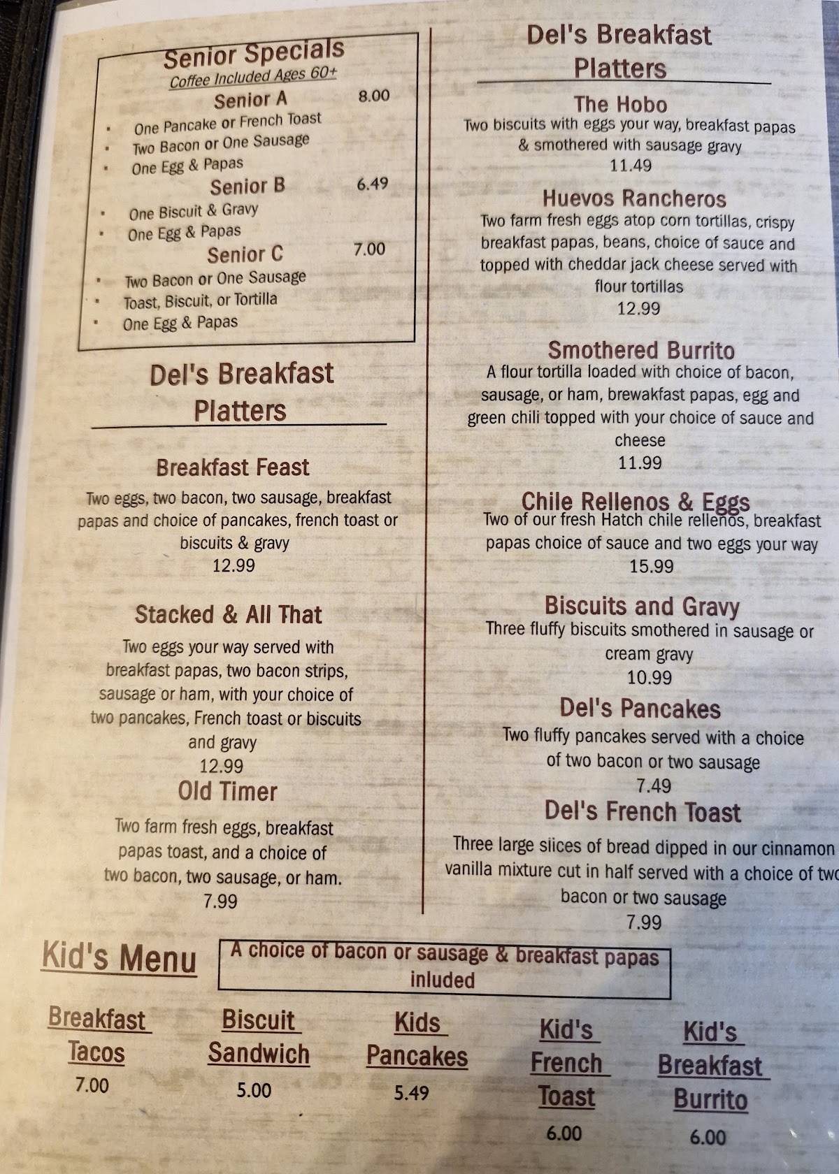 Menu at Del's Restaurant, Tucumcari