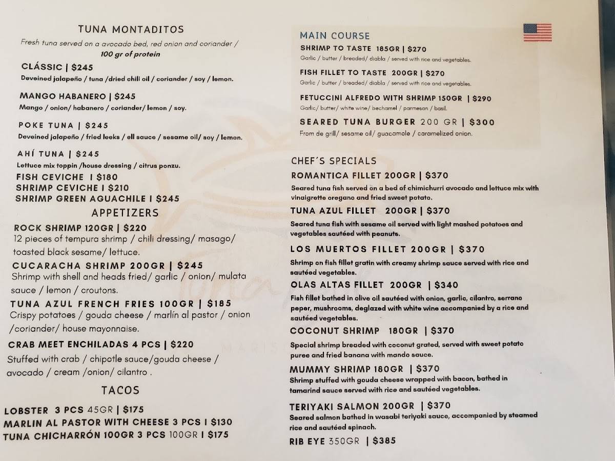 Menu at Tuna Azul Zona Romantica restaurant, Puerto Vallarta