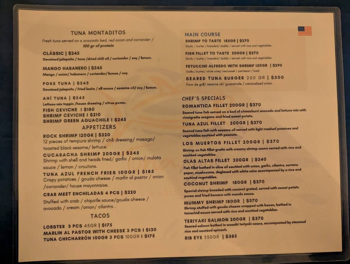 Menu at Tuna Azul Zona Romantica restaurant, Puerto Vallarta