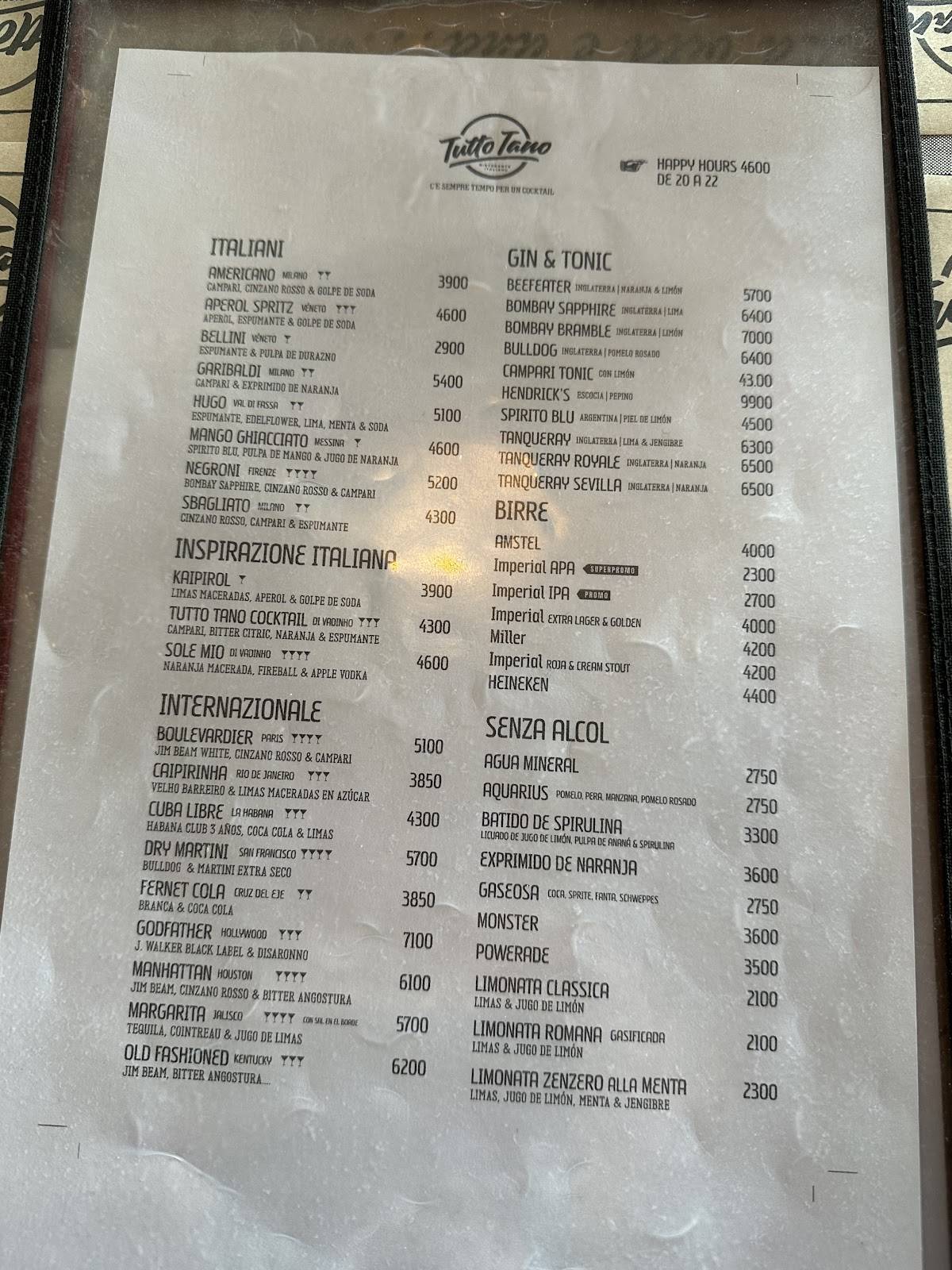 Carta del restaurante Tutto Tano, Pilar, PGA