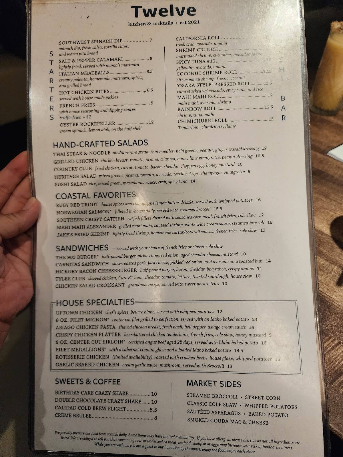 Menu at Twelve Kitchen + Cocktails restaurant, Tyler