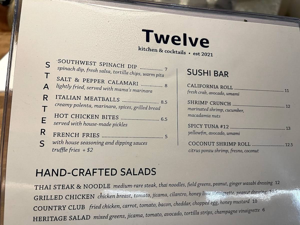Menu at Twelve Kitchen + Cocktails restaurant, Tyler