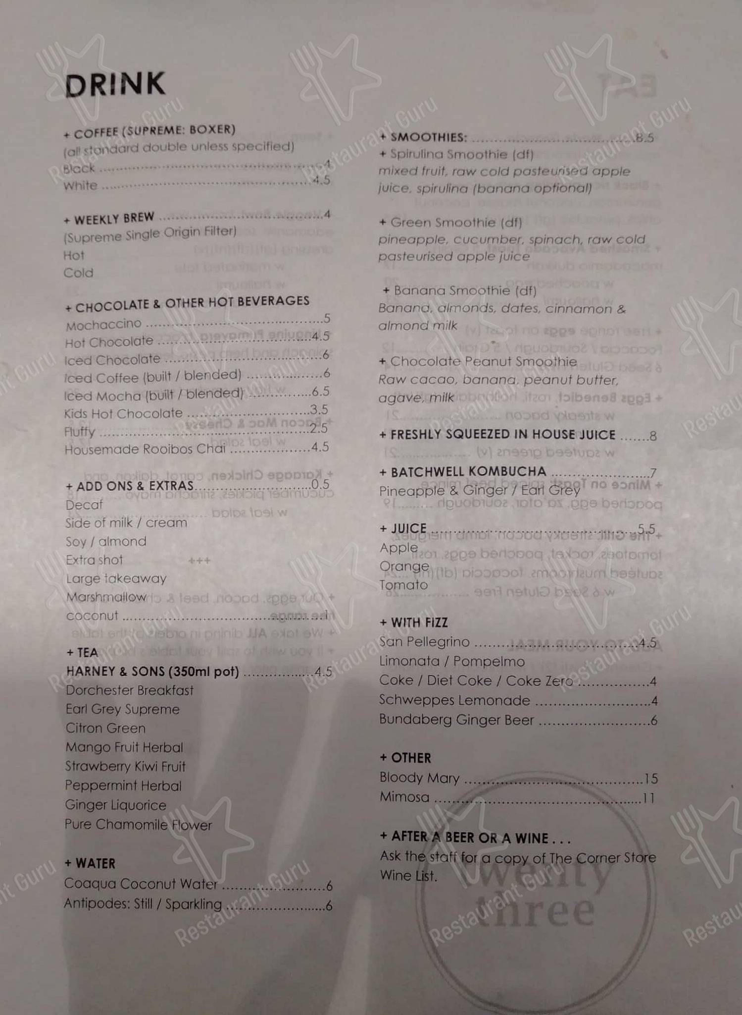 Menu at Twenty Three Cafe, Auckland