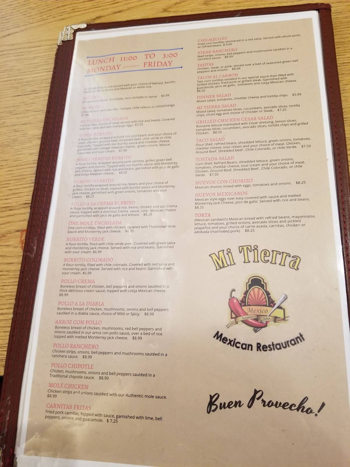 Menu at Mi Tierra restaurant, Twin Falls