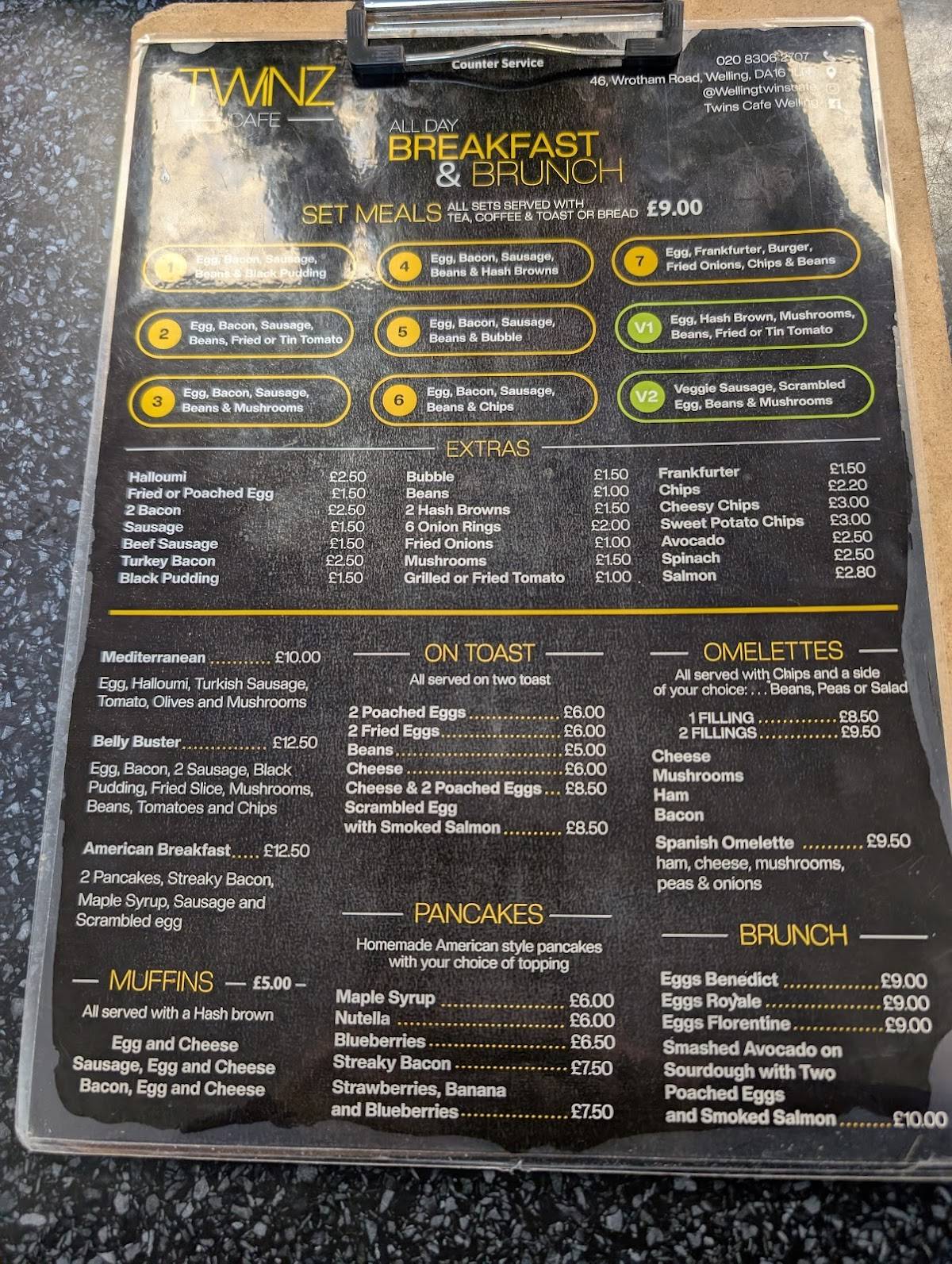 Menu at Twins Cafe, Welling