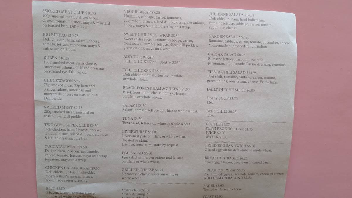 Menu at Two Guys For Lunch restaurant, Smiths Falls