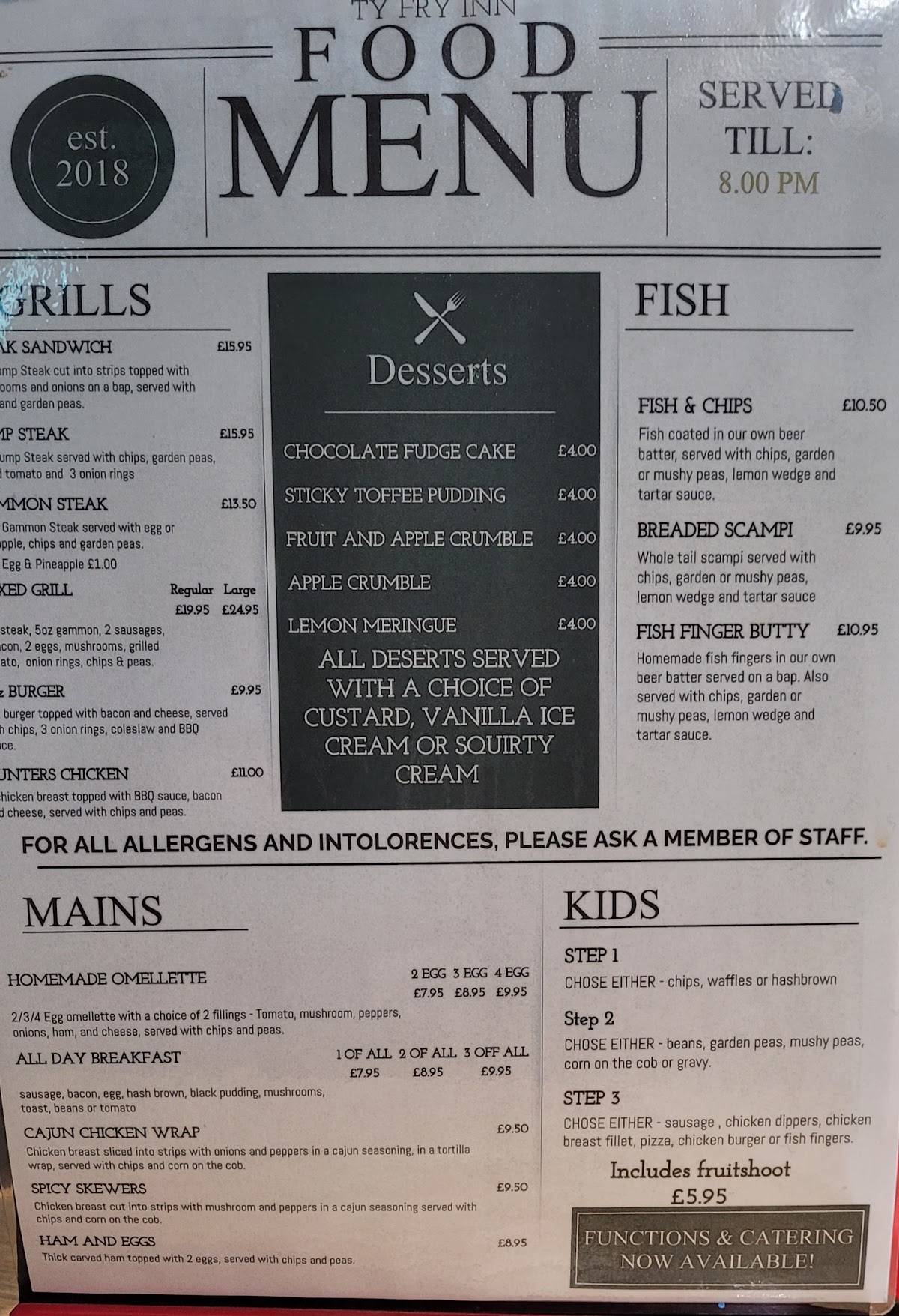 Menu at Ty Fry Inn pub & bar, Bodelwyddan