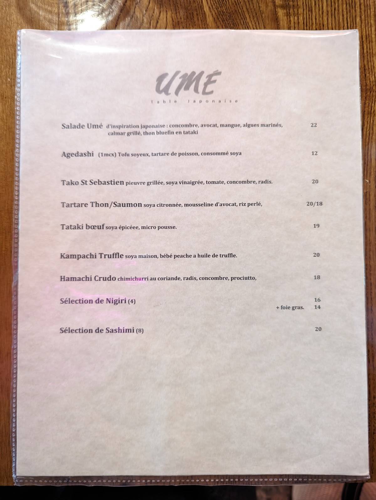 Menu at UMÉ Table Japonaise restaurant, Montréal