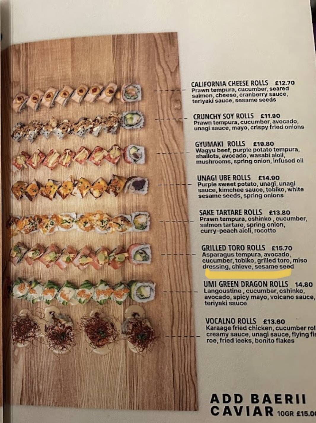 Menu at UMI Japanese Cuisine restaurant, Edinburgh