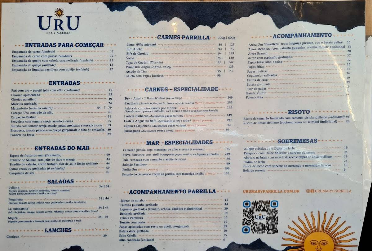 Menu em URU Mar y Parrilla: Carnes, Frutos do Mar, Sobremesas, Gin ...