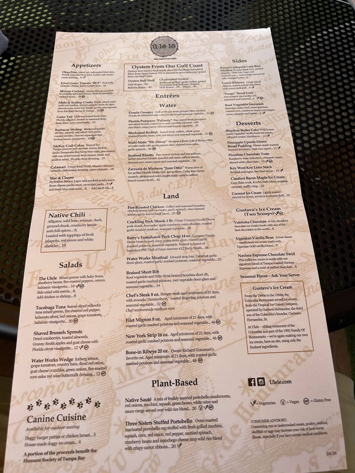 Menu at Ulele restaurant, Tampa, N Highland Ave