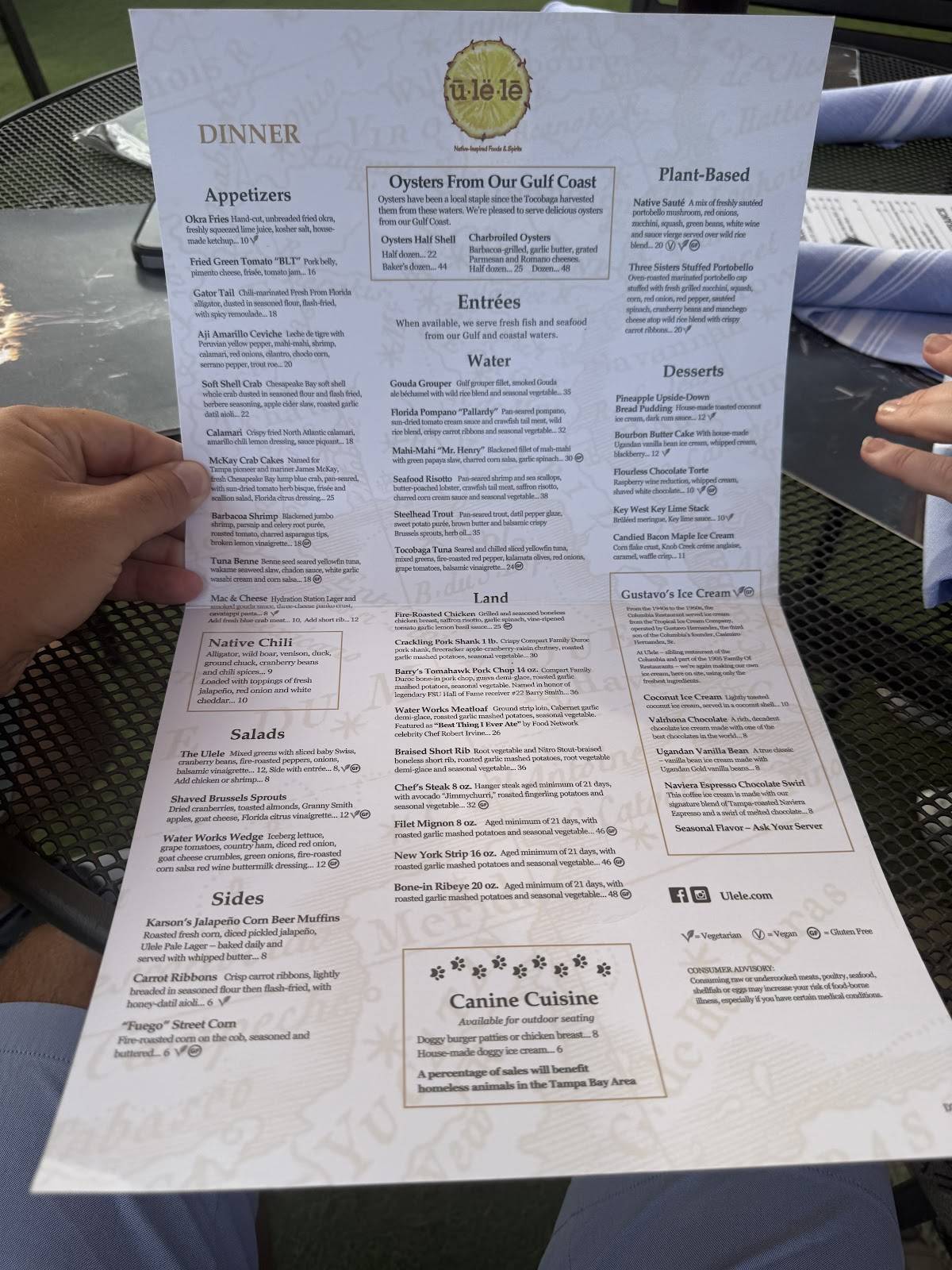 Menu at Ulele restaurant, Tampa, N Highland Ave