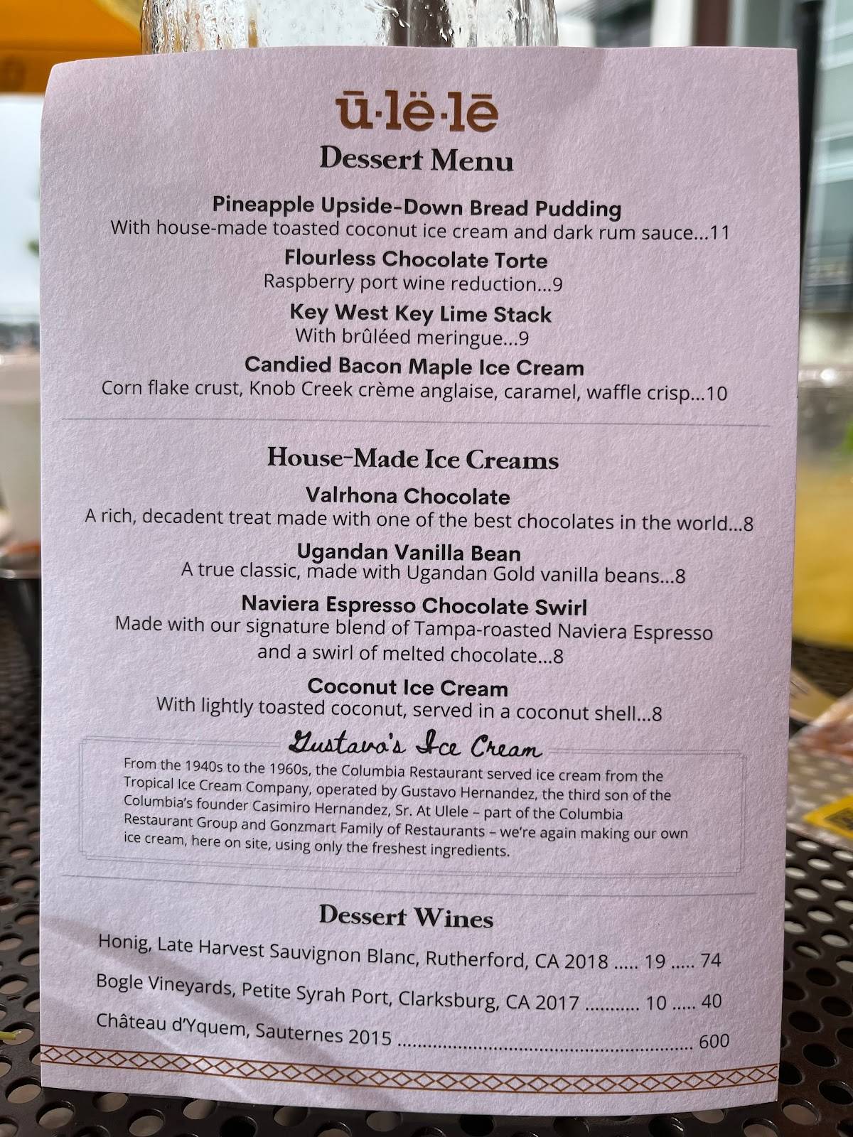 Menu at Ulele restaurant, Tampa, N Highland Ave