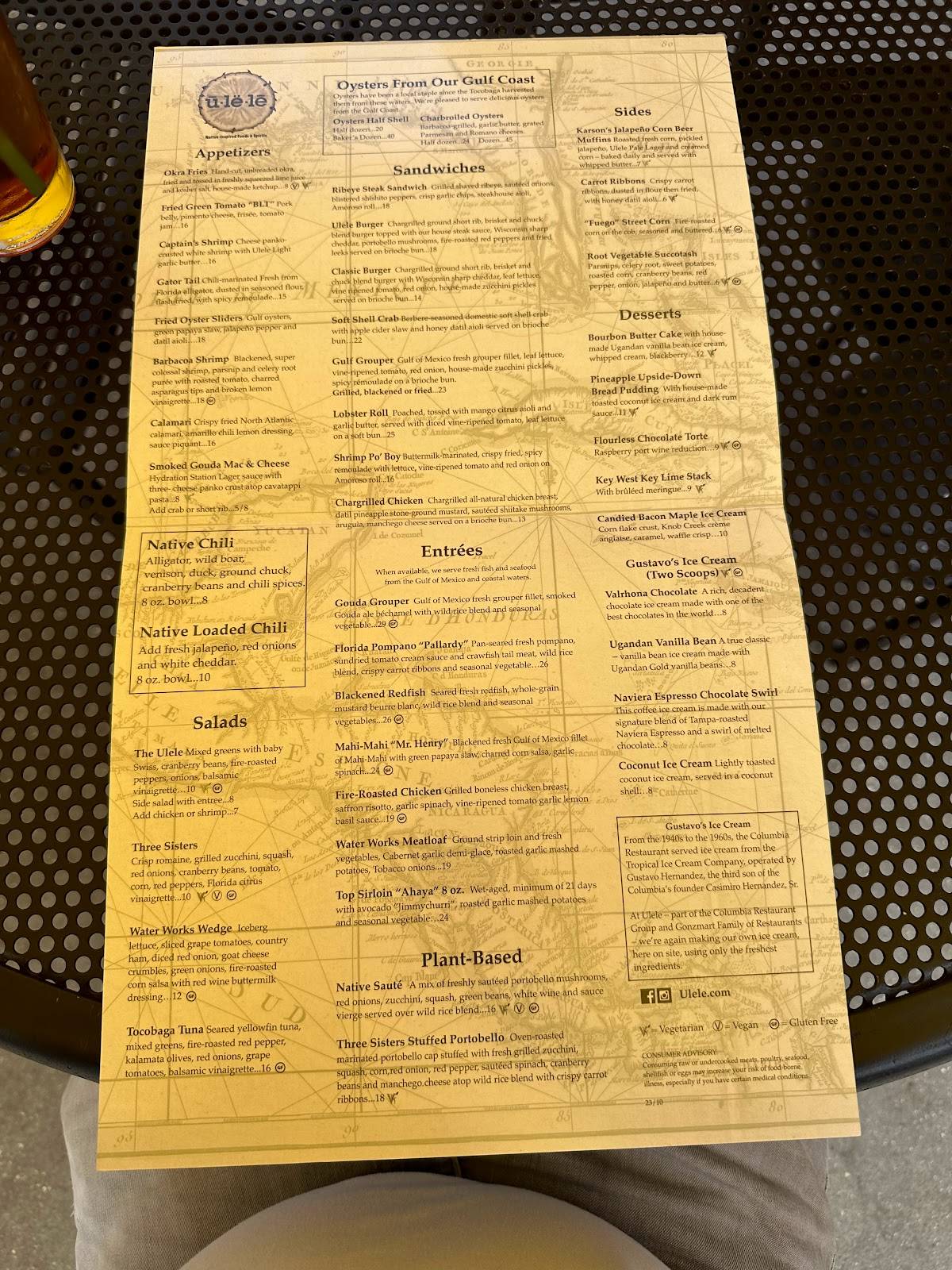 Menu at Ulele restaurant, Tampa, N Highland Ave