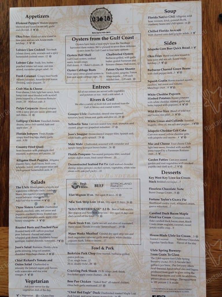Menu at Ulele restaurant, Tampa, N Highland Ave