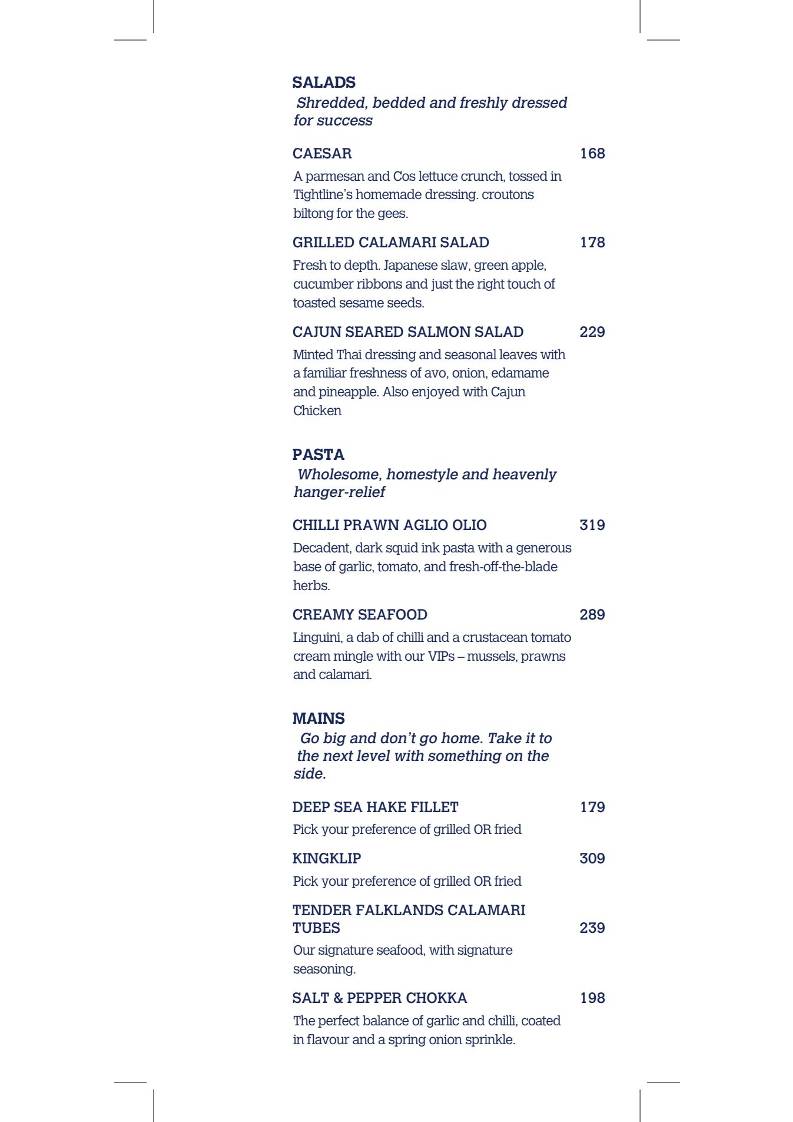 Menu at Tightline Salta restaurant, Umdloti