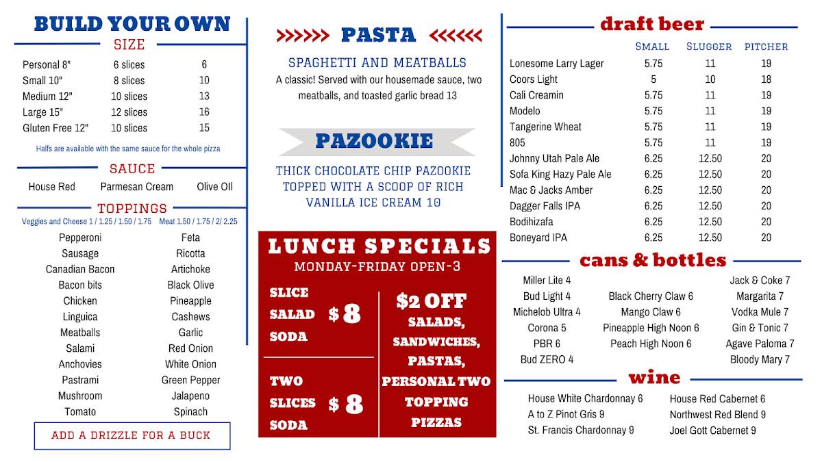 Carta del pub y bar Uncle Bob's Pizza, Meridian