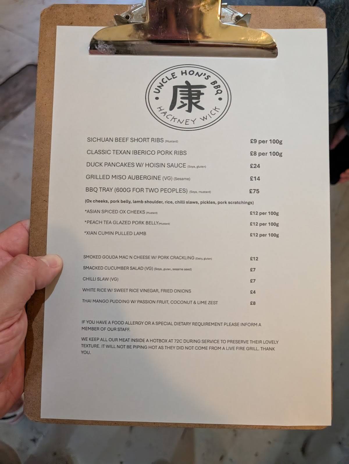 Menu at Uncle Hon's BBQ @ All My Friends, London