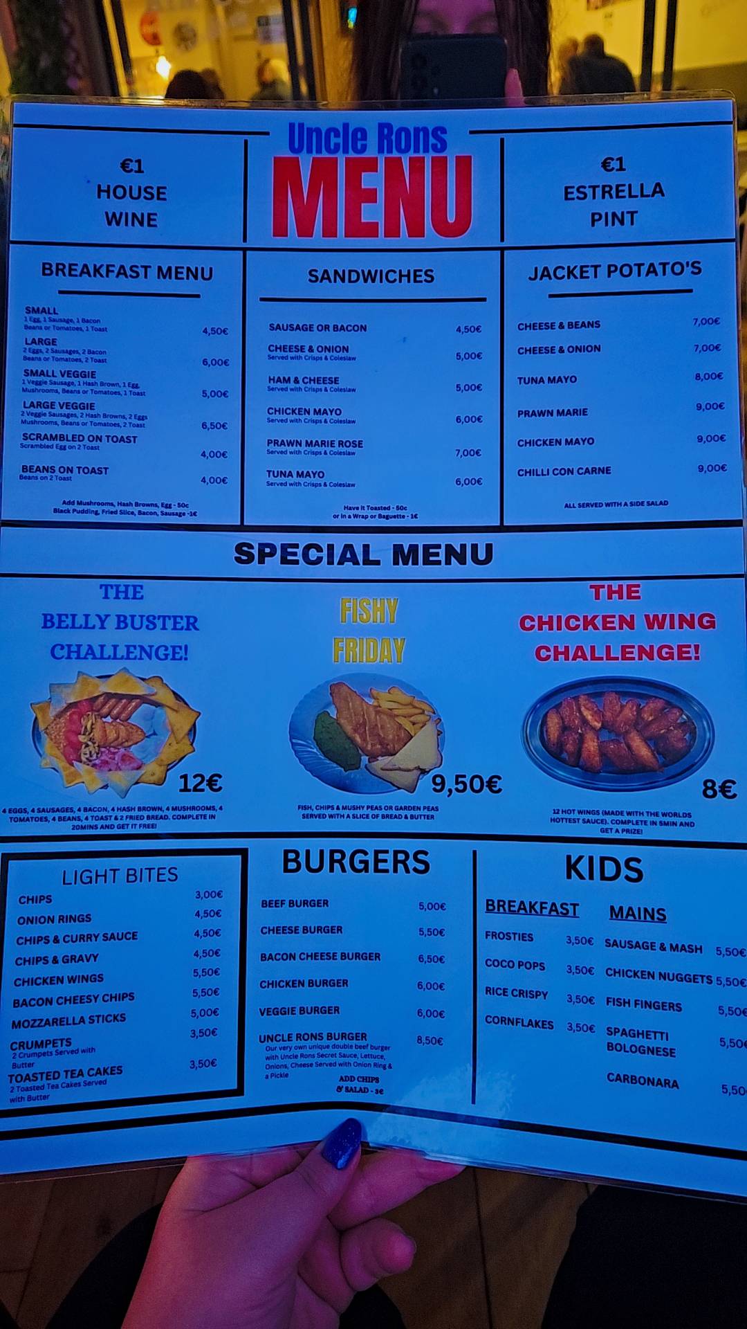 Menu at Uncle Rons restaurant, Benidorm
